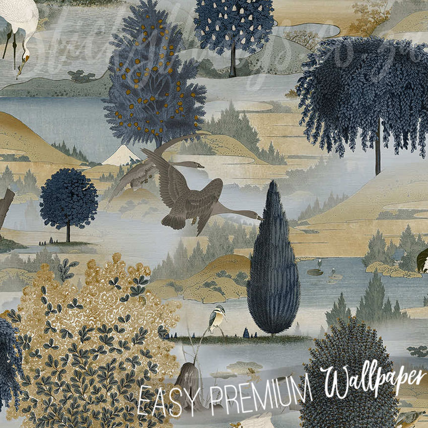 Navy and Ochre Trees Wallpaper – Nature Landscape Wallpaper • Sticky Things