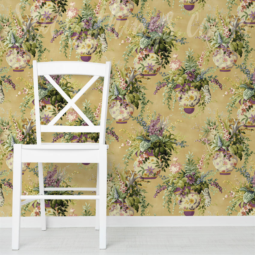 Rivara Ochre Floral Wallpaper – Flowers in Vases Wallpaper • Sticky Things